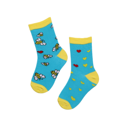BUZZ blue socks with bees and hearts for kids | Sokisahtel